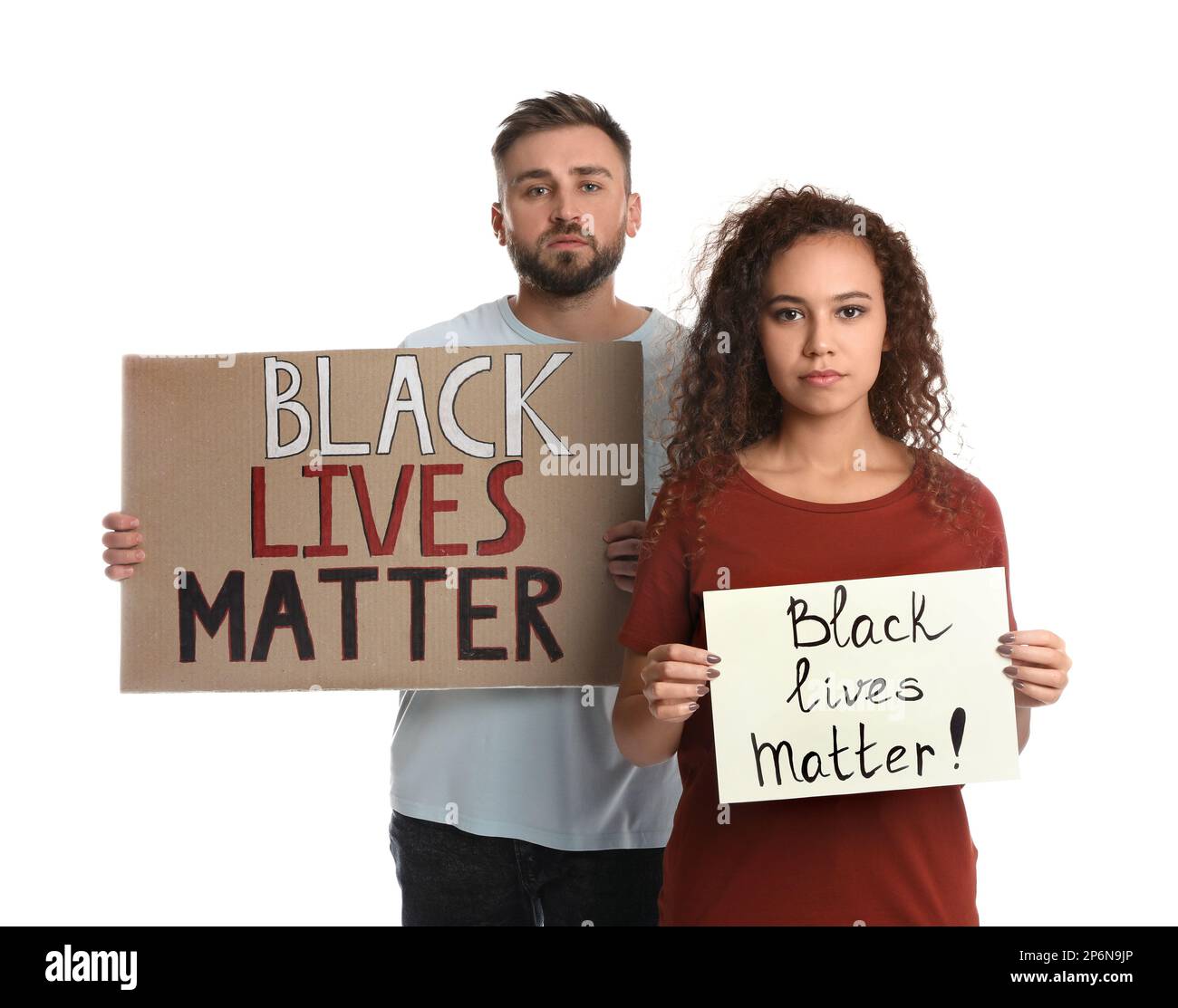 Young man and African American woman holding signs with phrase Black ...