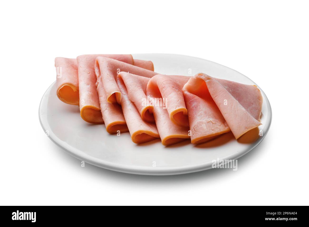 Plate with delicious ham slices isolated on white background Stock ...
