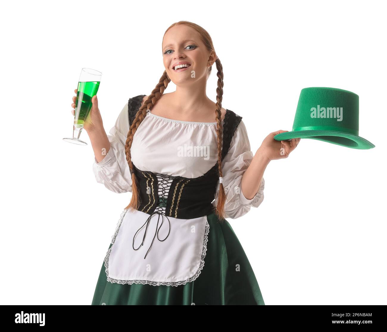 Irish waitress with glass of beer and leprechaun's hat on white ...