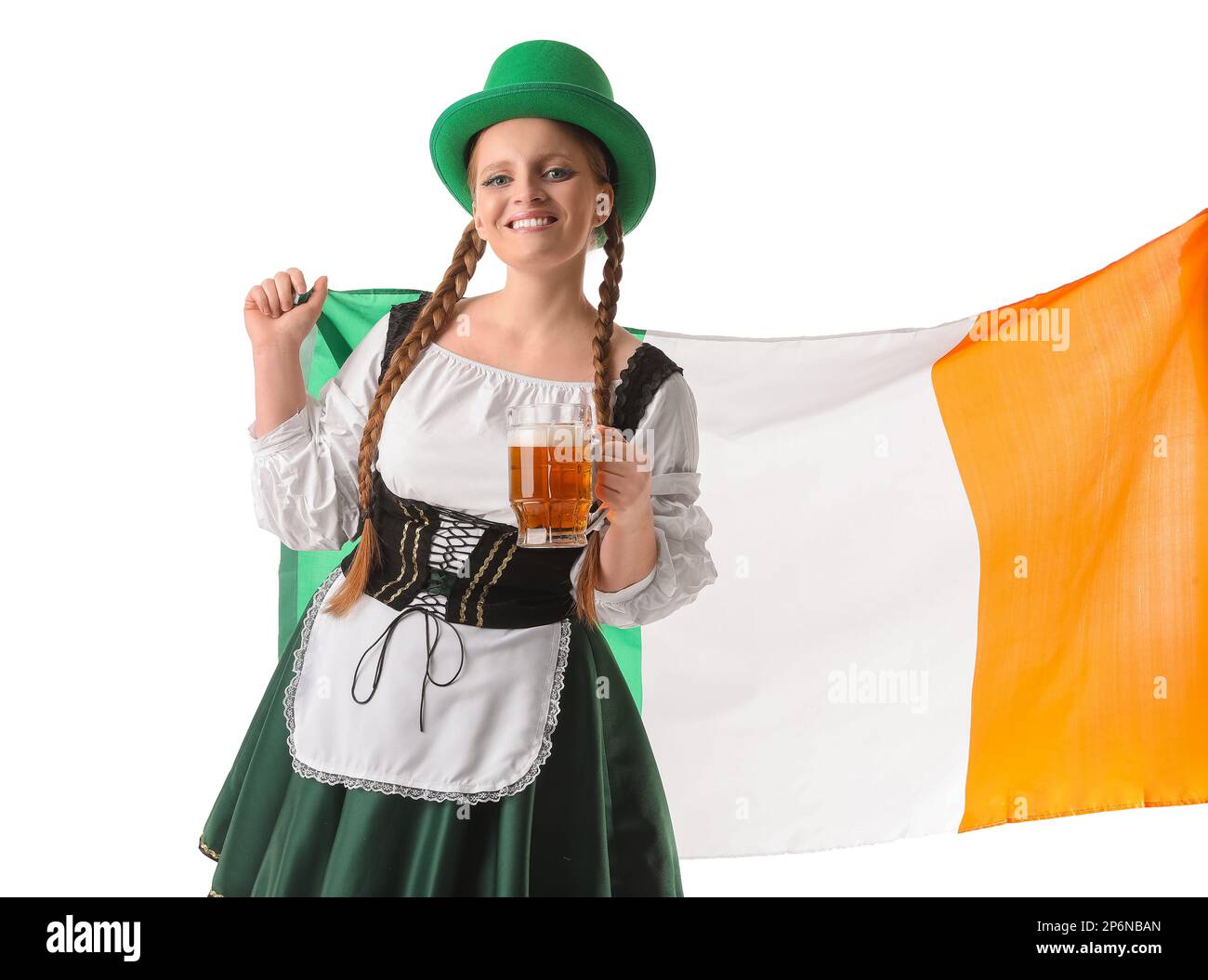 Irish waitress with beer and flag of Ireland on white background. St ...