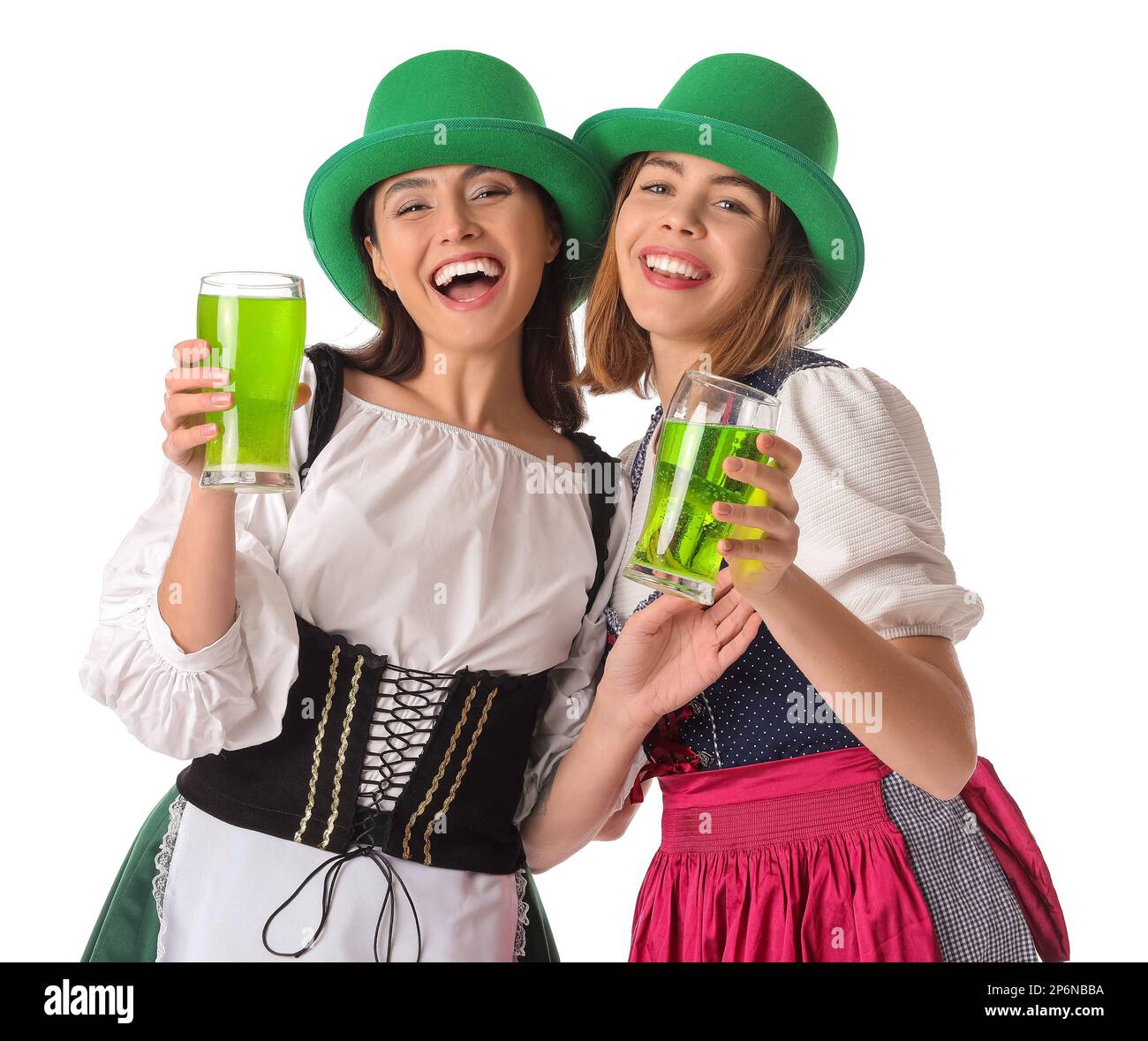 Irish waitresses with glasses of beer on white background. St. Patrick ...