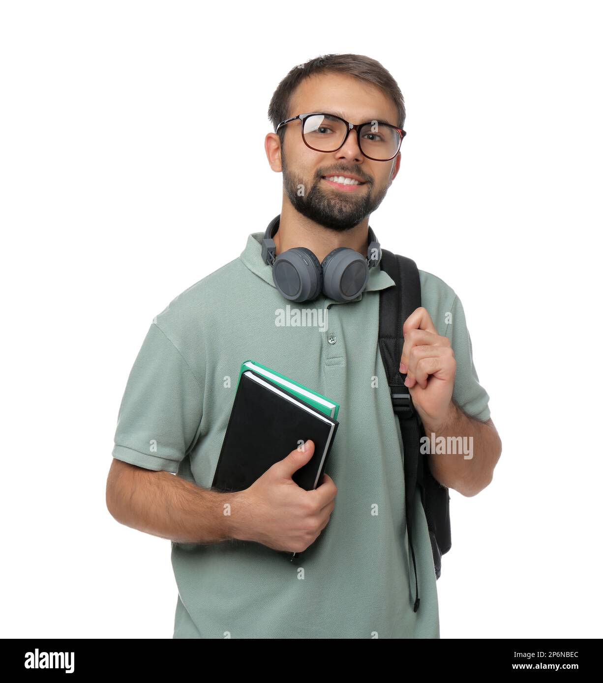 Student with headphones, backpack and books on white background Stock ...