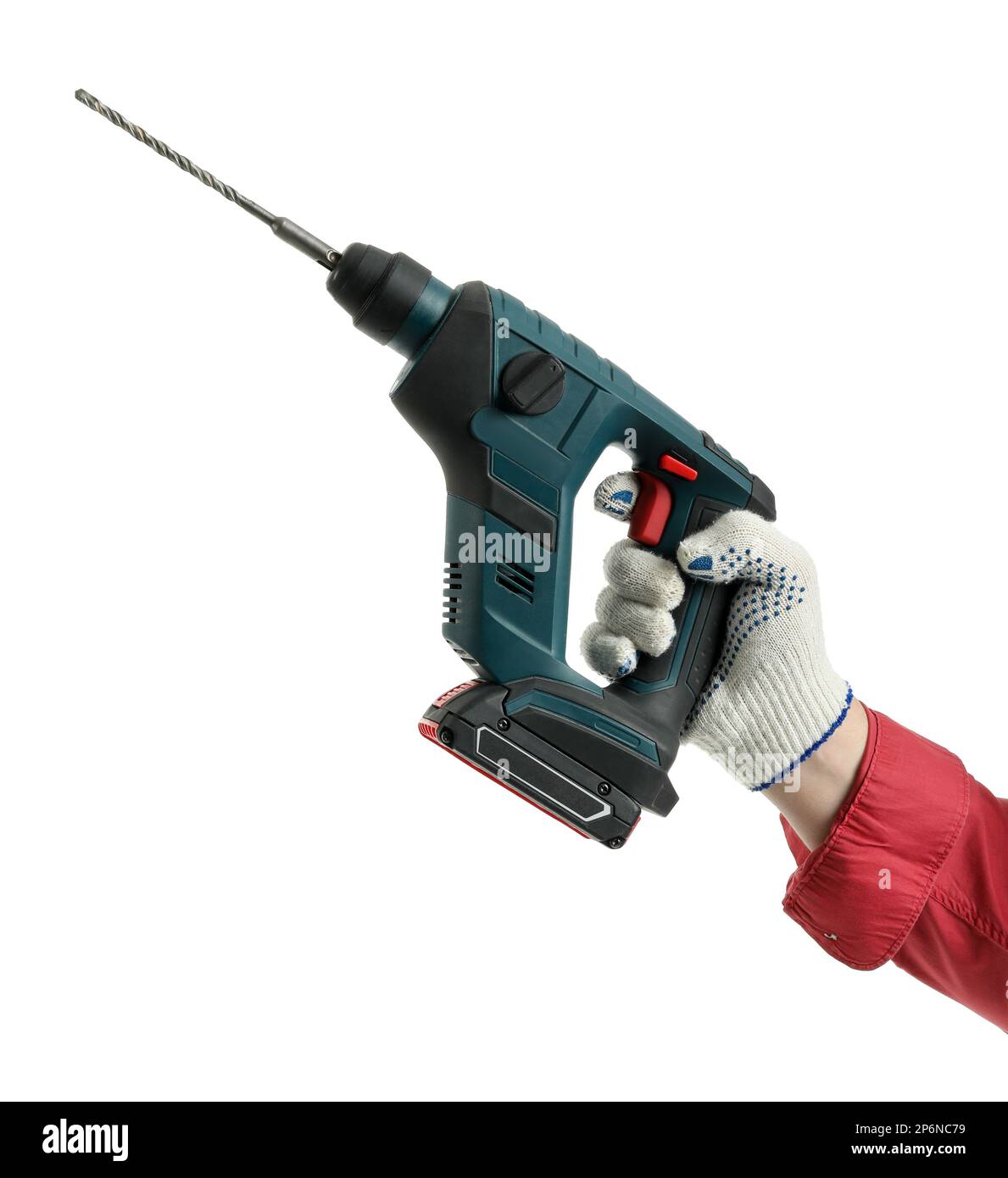 Worker with drill on white background Stock Photo - Alamy