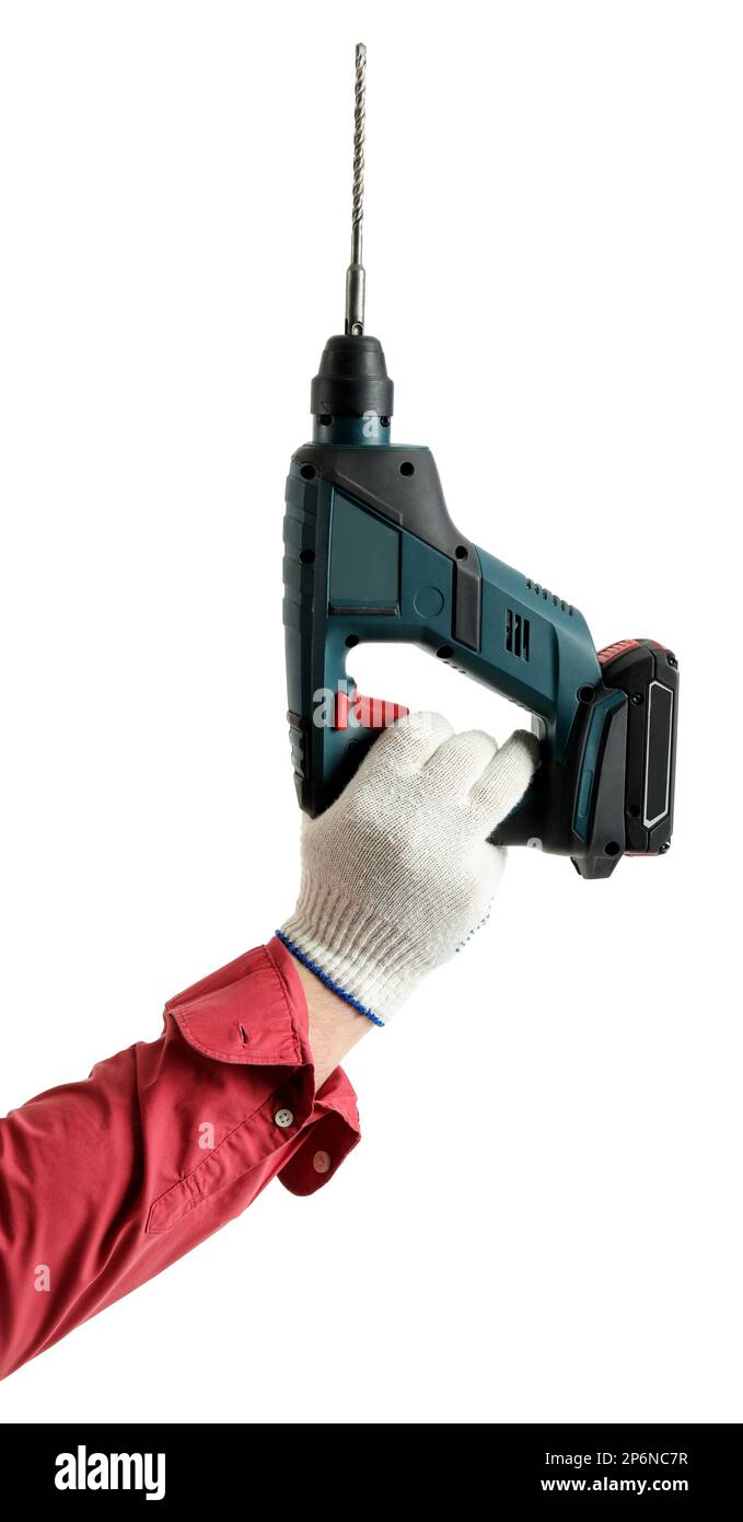 Worker with drill on white background Stock Photo - Alamy