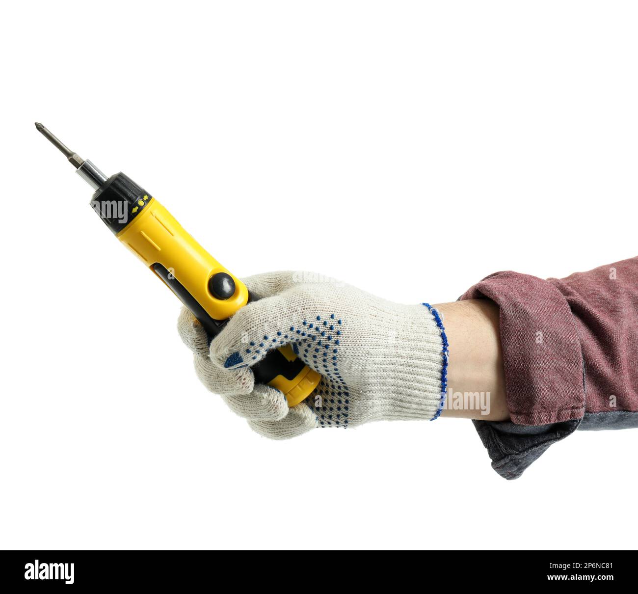 Worker with screwdriver on white background Stock Photo - Alamy