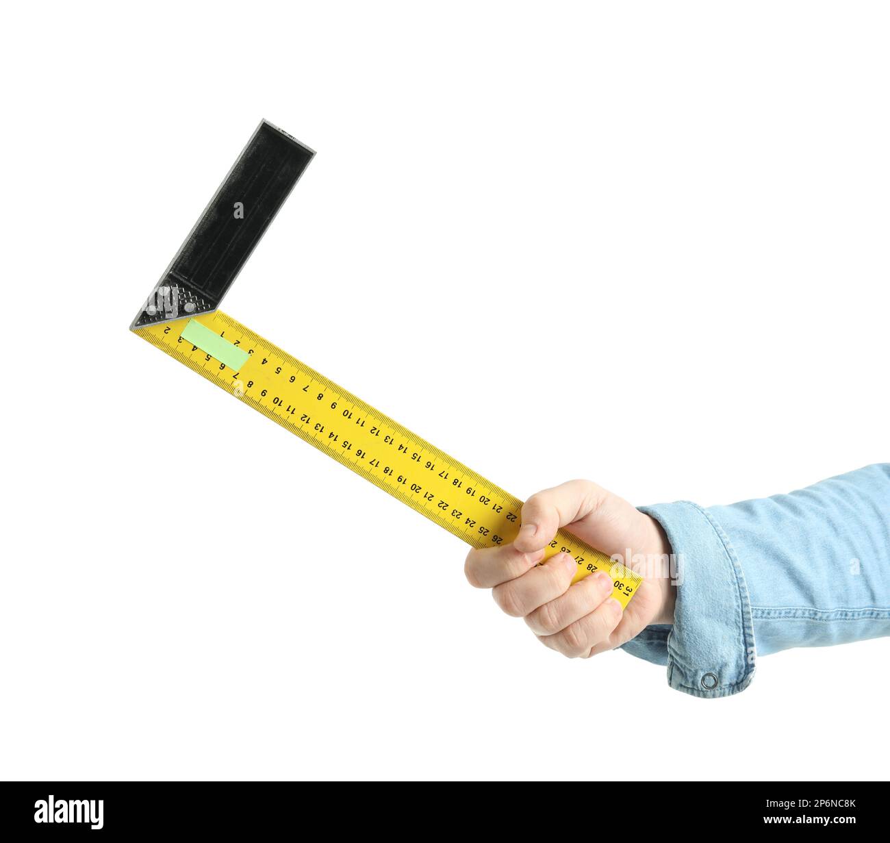 Worker with ruler on white background Stock Photo - Alamy
