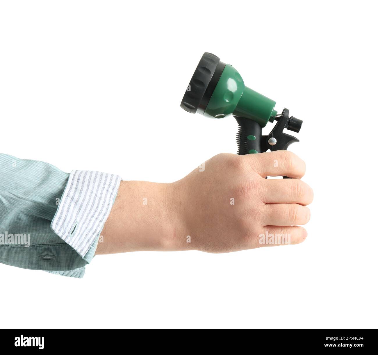 Gardener with spray gun on white background Stock Photo - Alamy
