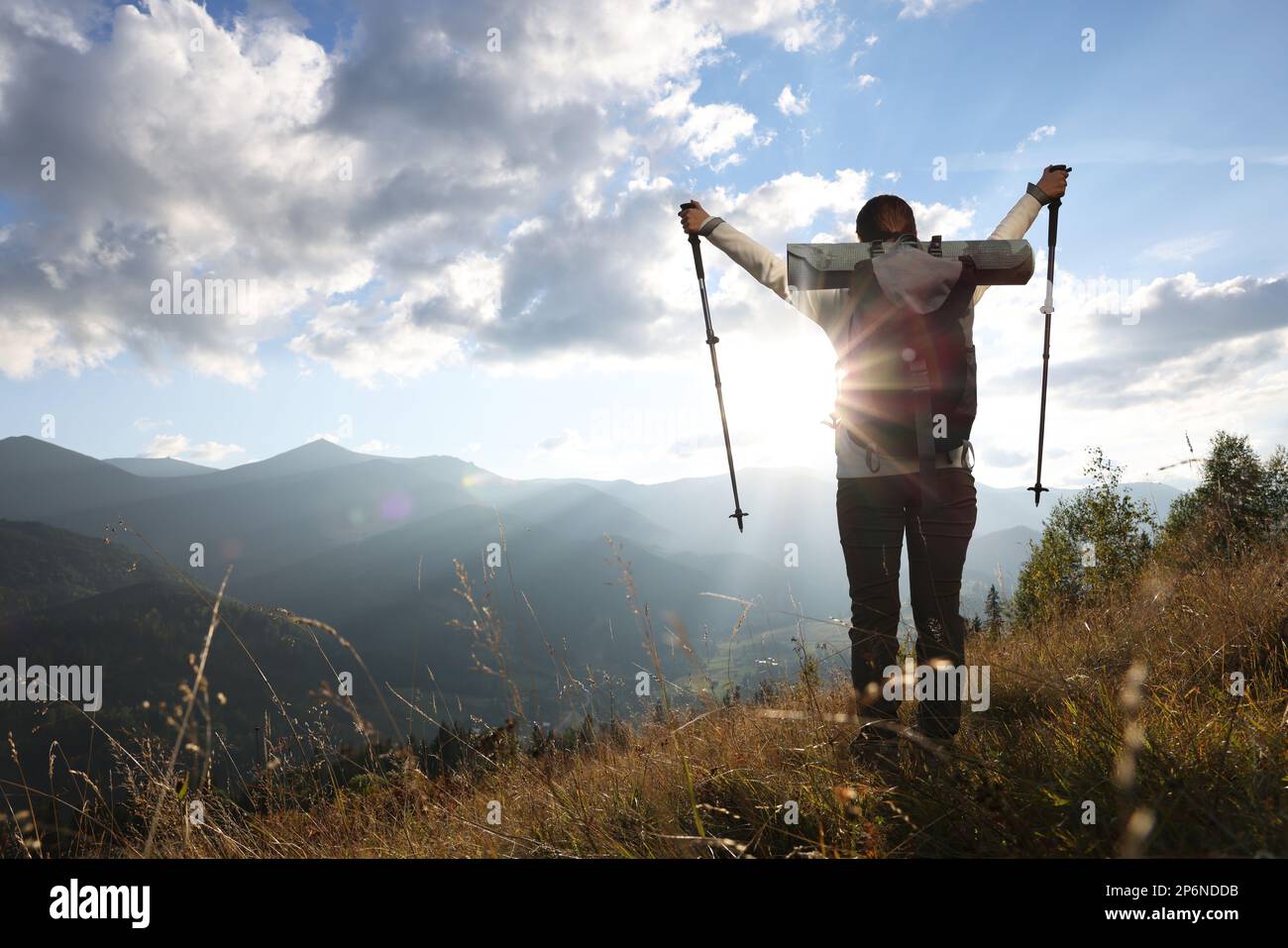 Triumphant tourist on top of mountain, back view. Space for text Stock ...