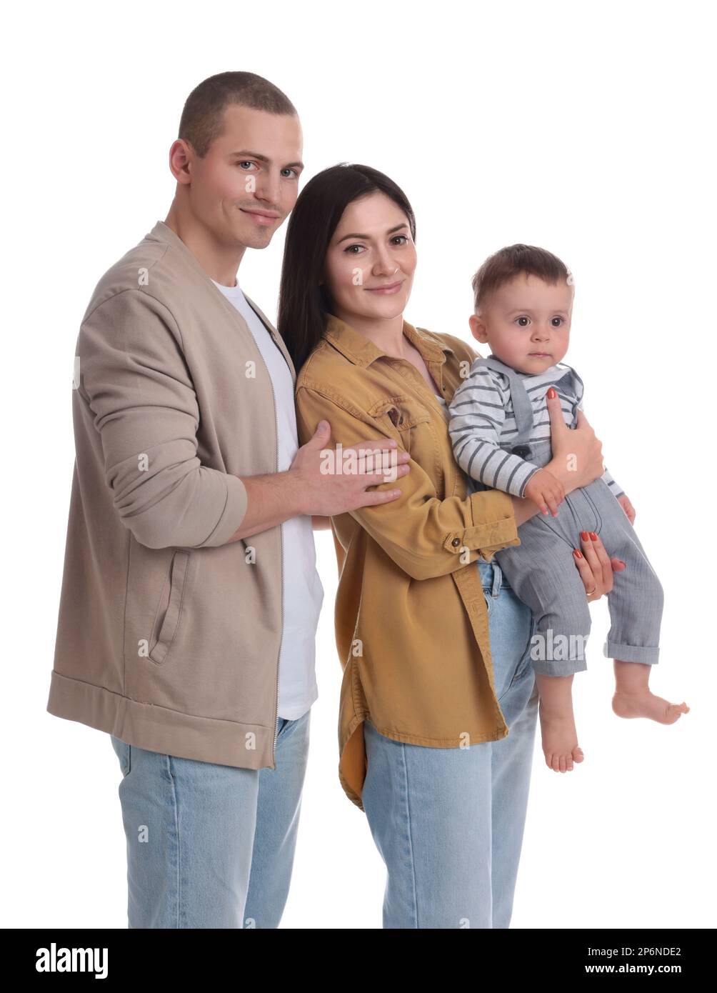 Portrait of happy family with little child on white background Stock ...