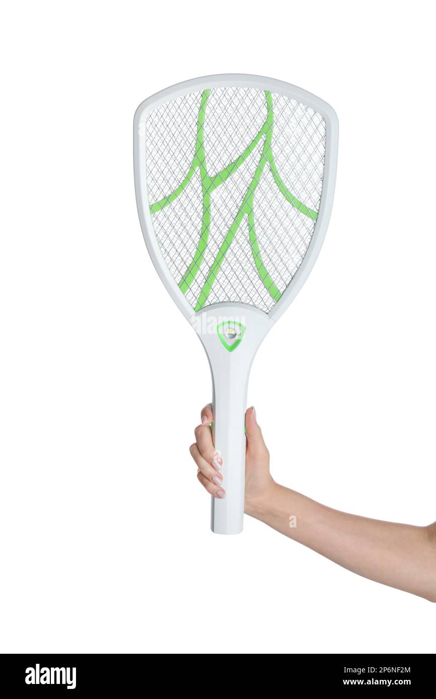 Man with electric fly swatter on white background, closeup. Insect ...