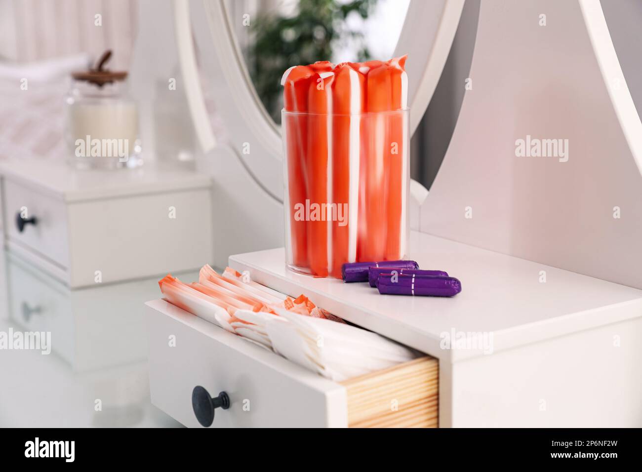 Dressing table with different feminine hygiene products indoors Stock ...