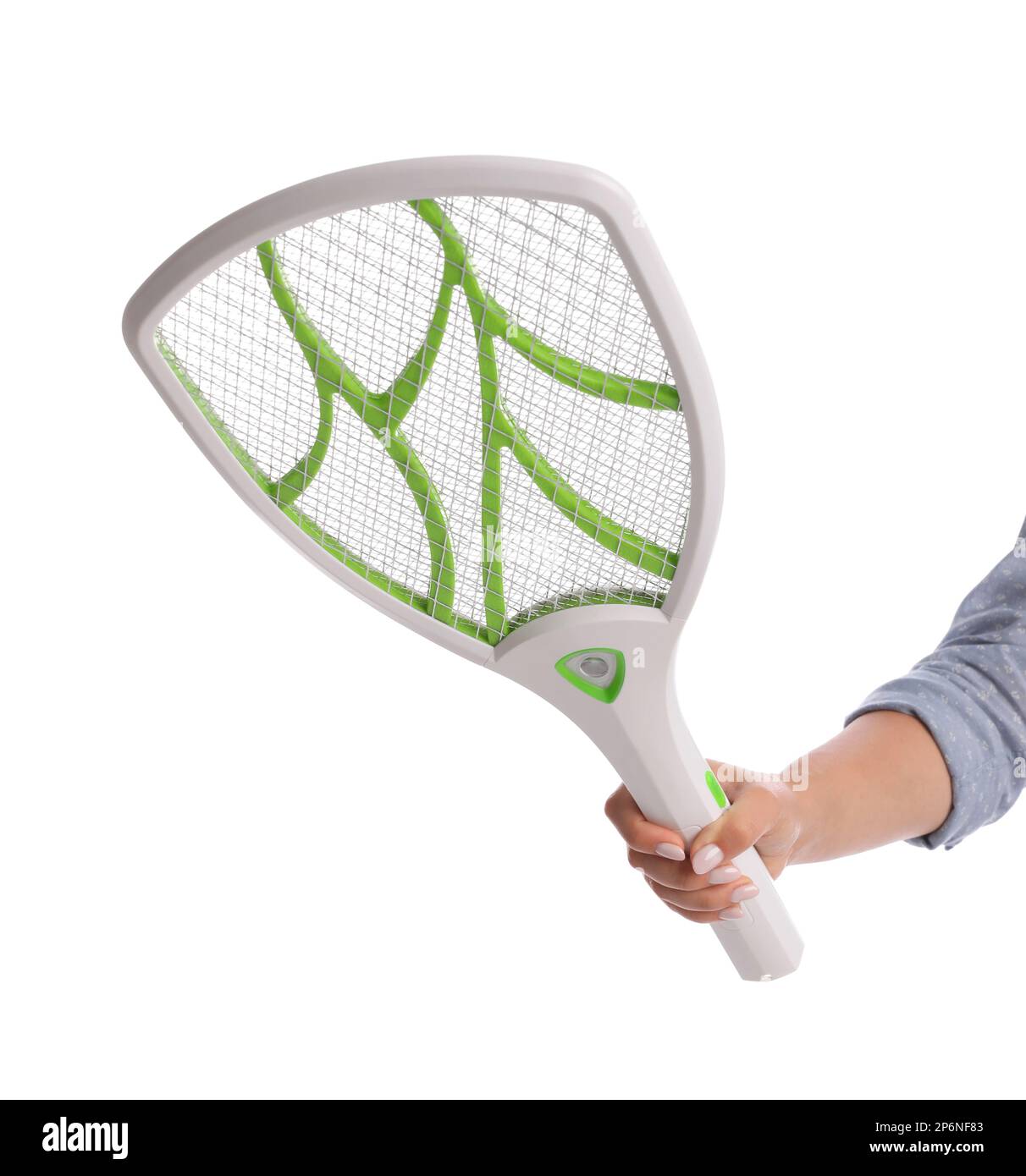 Woman with electric fly swatter on white background, closeup. Insect ...