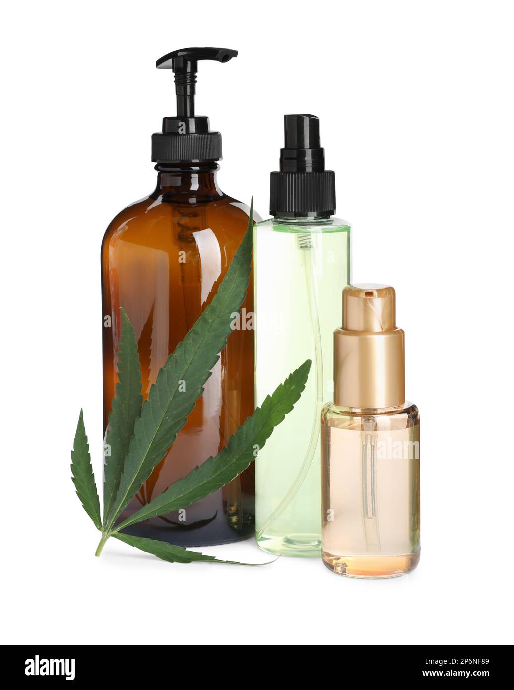 Set of hemp cosmetics with green leaf isolated on white Stock Photo - Alamy
