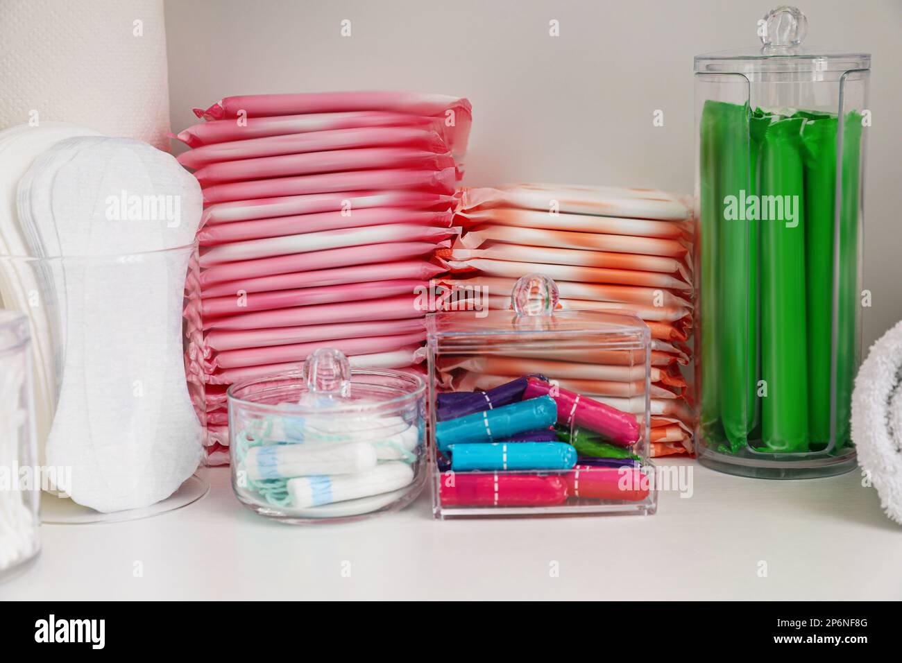 Storage of different feminine hygiene products in cabinet Stock Photo ...