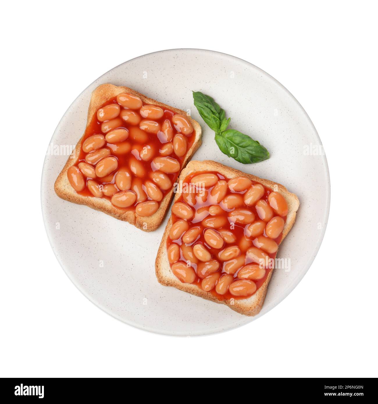 Delicious bread slices with baked beans on white background, top view ...