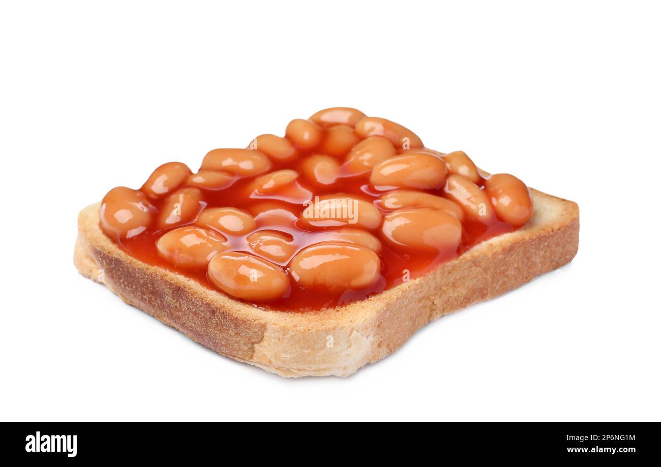 Delicious bread slice with baked beans isolated on white Stock Photo ...