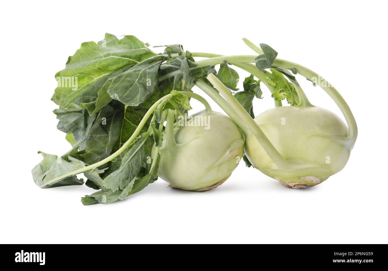 Whole ripe kohlrabies with leaves on white background Stock Photo - Alamy