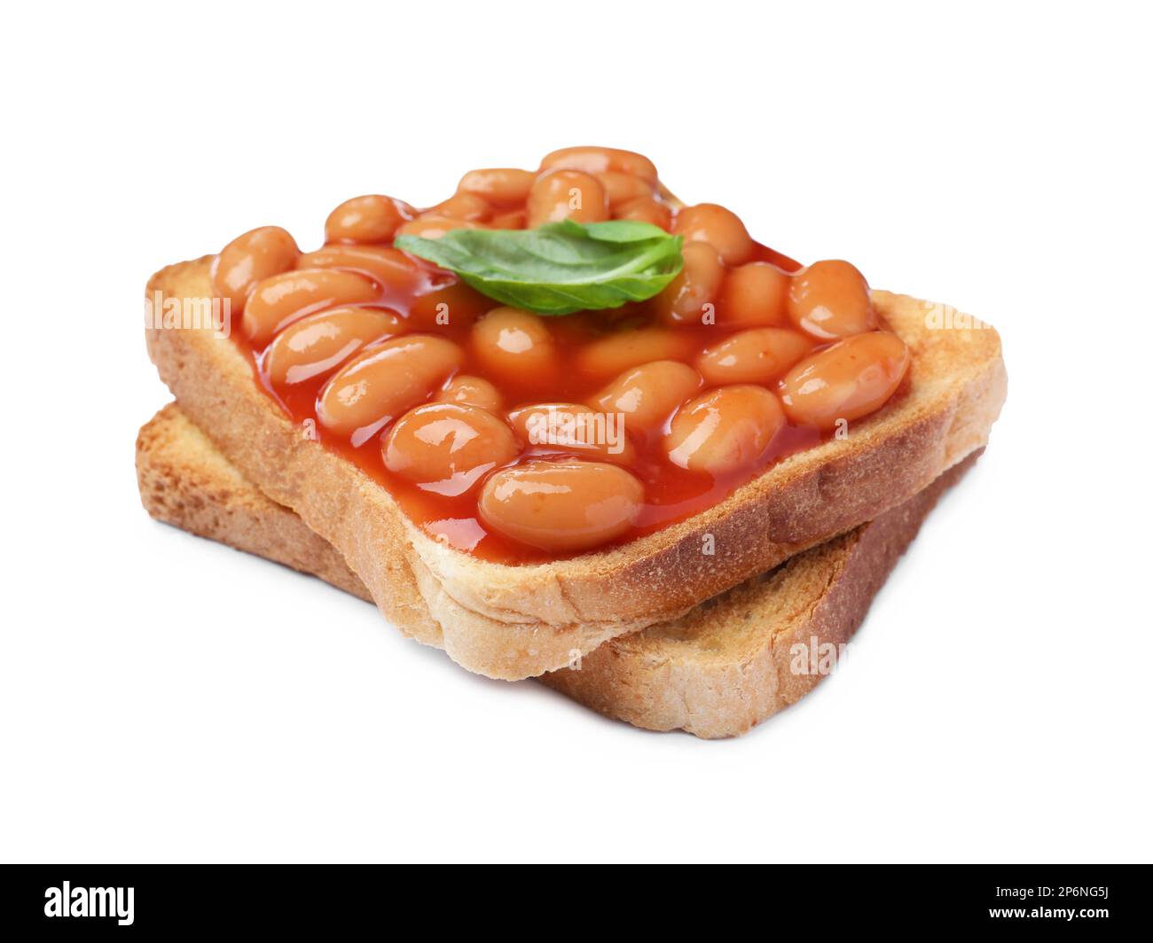 Delicious bread slices with baked beans on white background Stock Photo ...