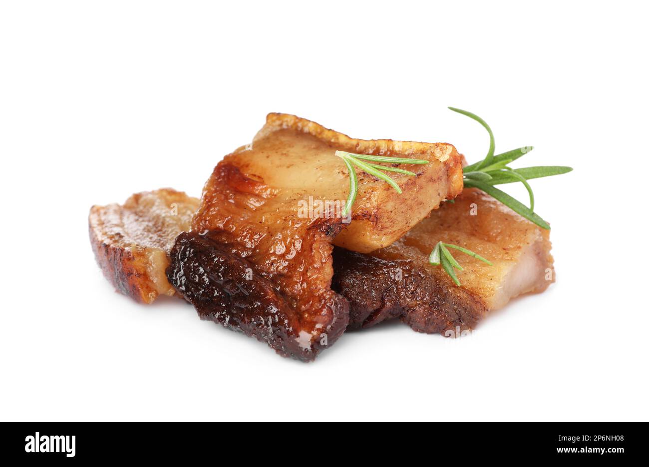 Tasty fried cracklings with rosemary on white background. Cooked pork ...