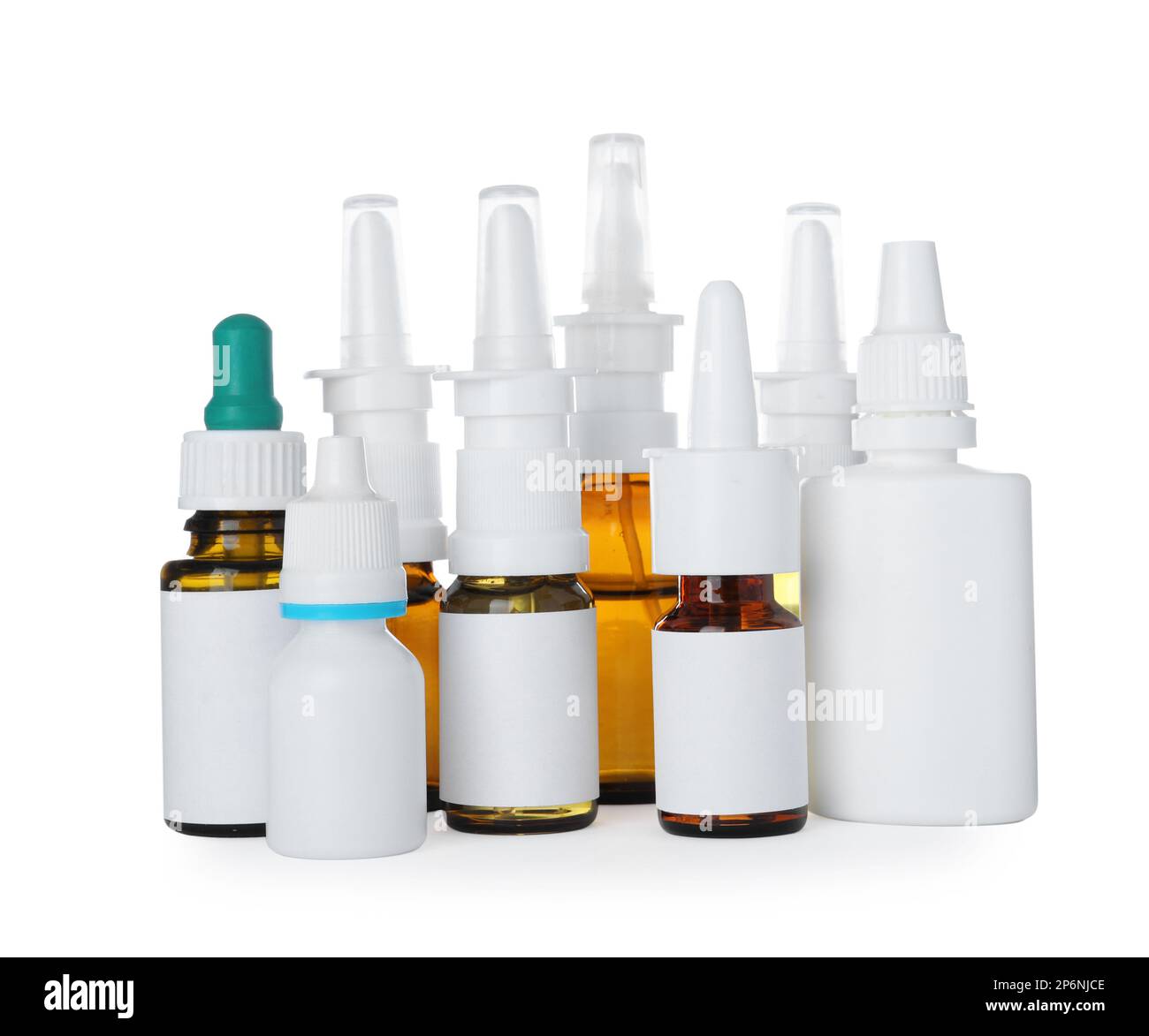 Many different nasal sprays on white background Stock Photo - Alamy