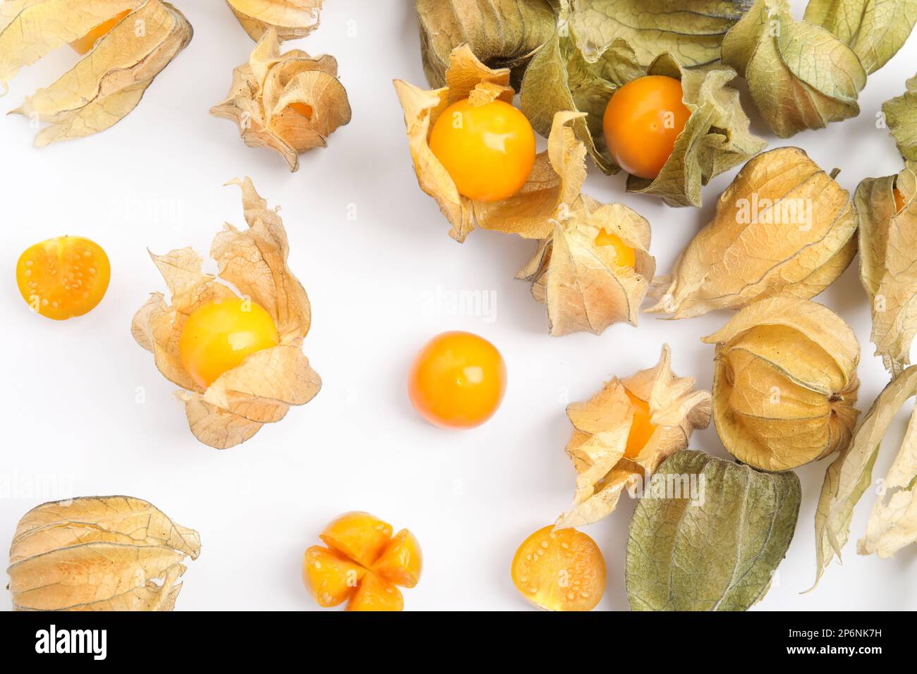 Ripe physalis fruits with dry husk on white background, top view Stock ...