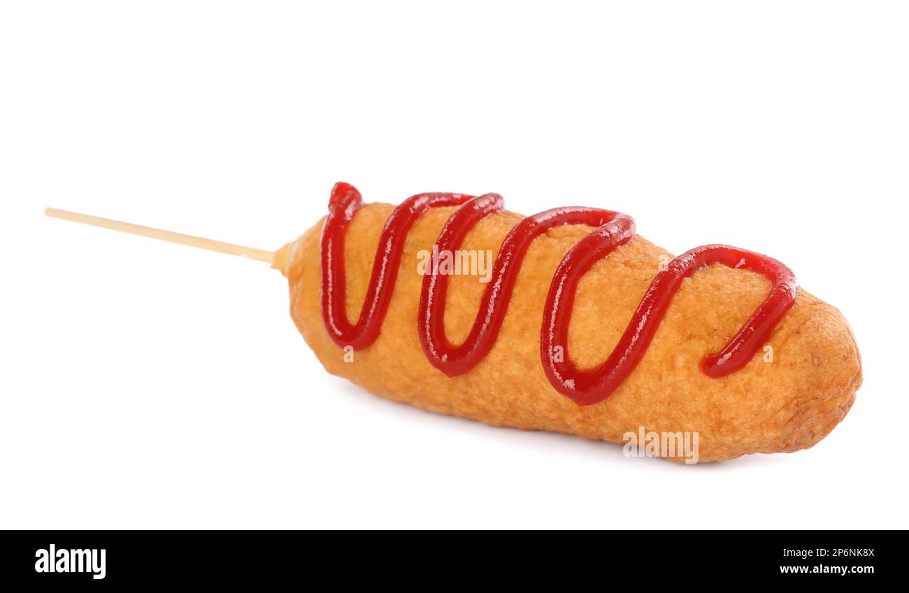 Delicious deep fried corn dog with ketchup isolated on white Stock ...