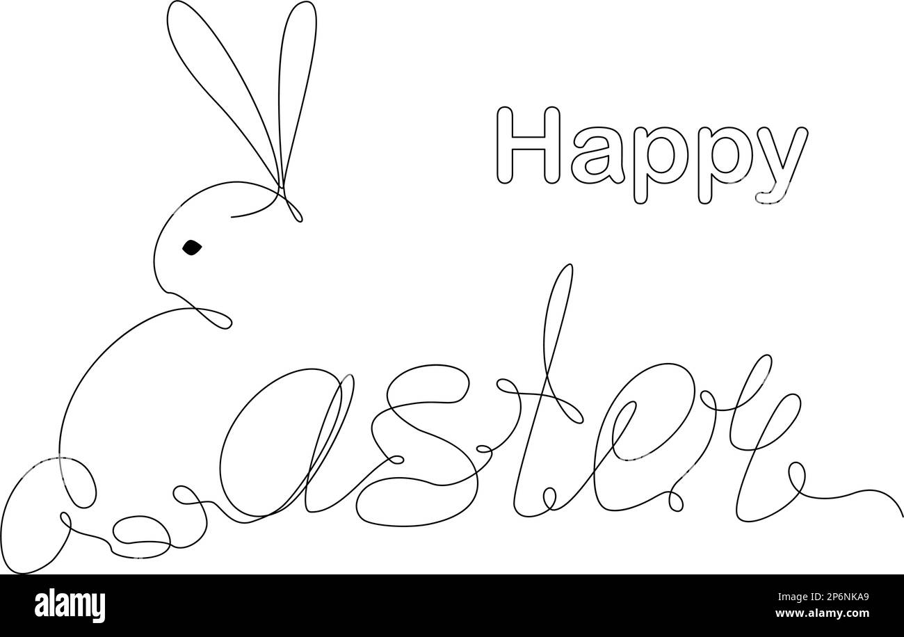 Easter Bunny And Happy Easter Lettering In One Continuous Line One
