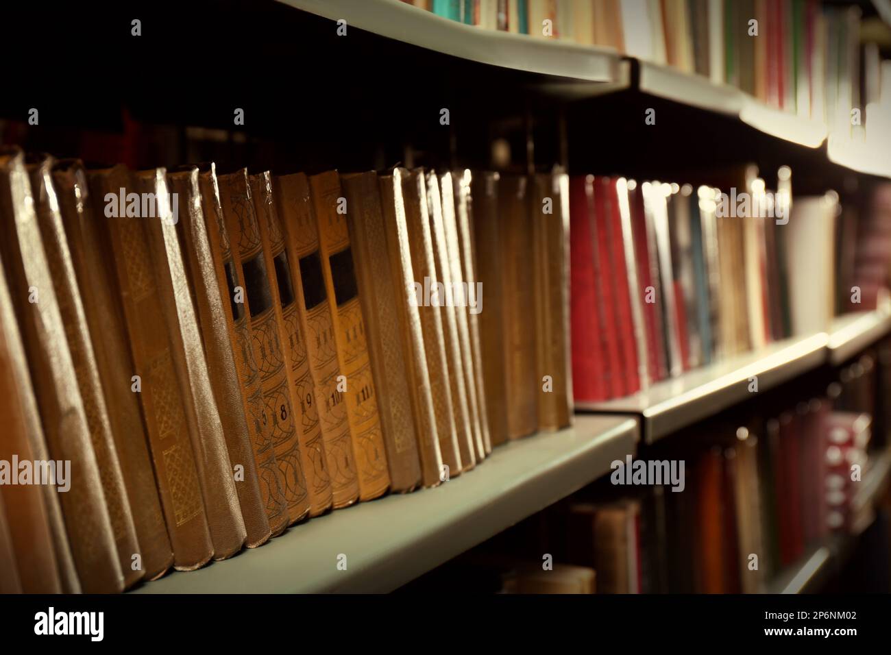 Collection of different books on shelf in library Stock Photo - Alamy