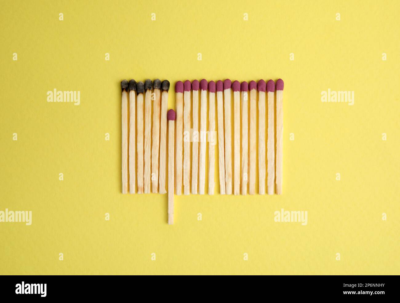 Flat lay composition with burnt and whole matches on yellow background ...