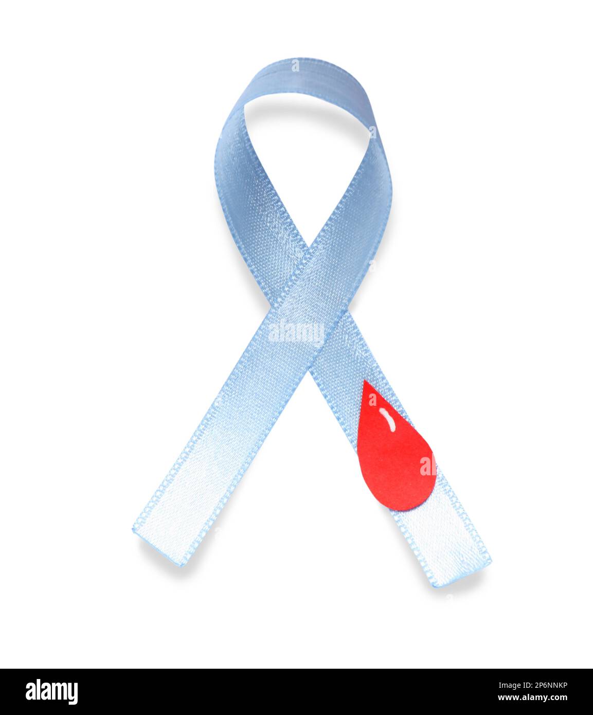 Light blue ribbon with paper blood drop on white background, top view ...