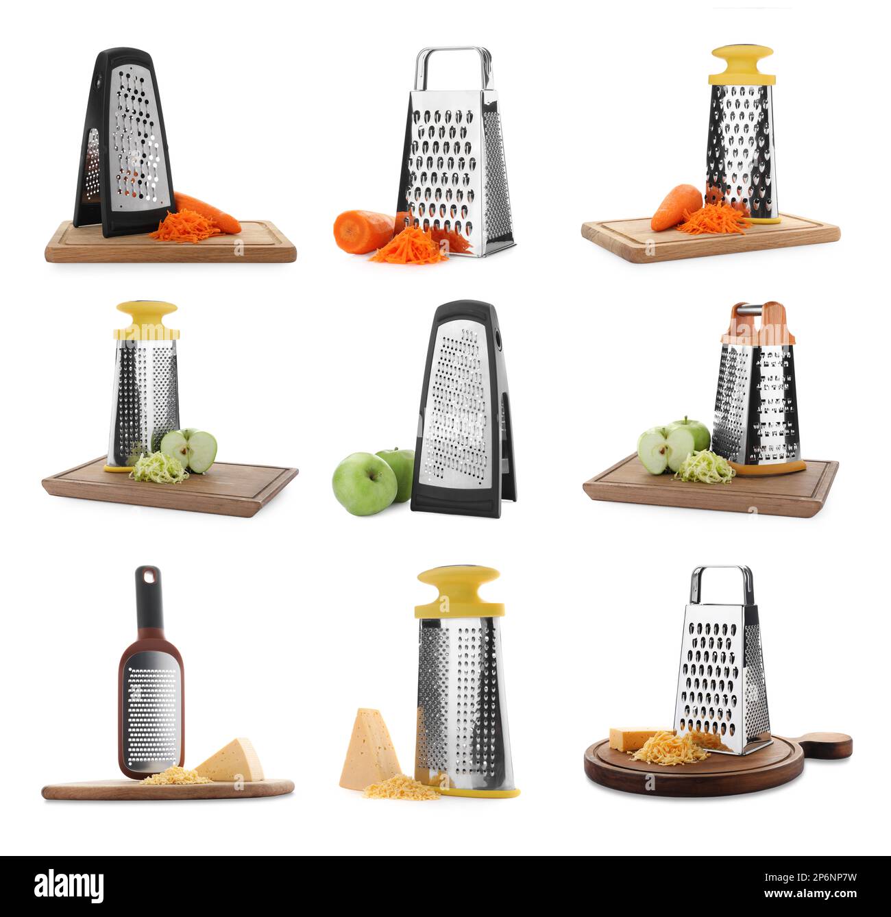 Set with stainless steel graters and fresh products on white background ...