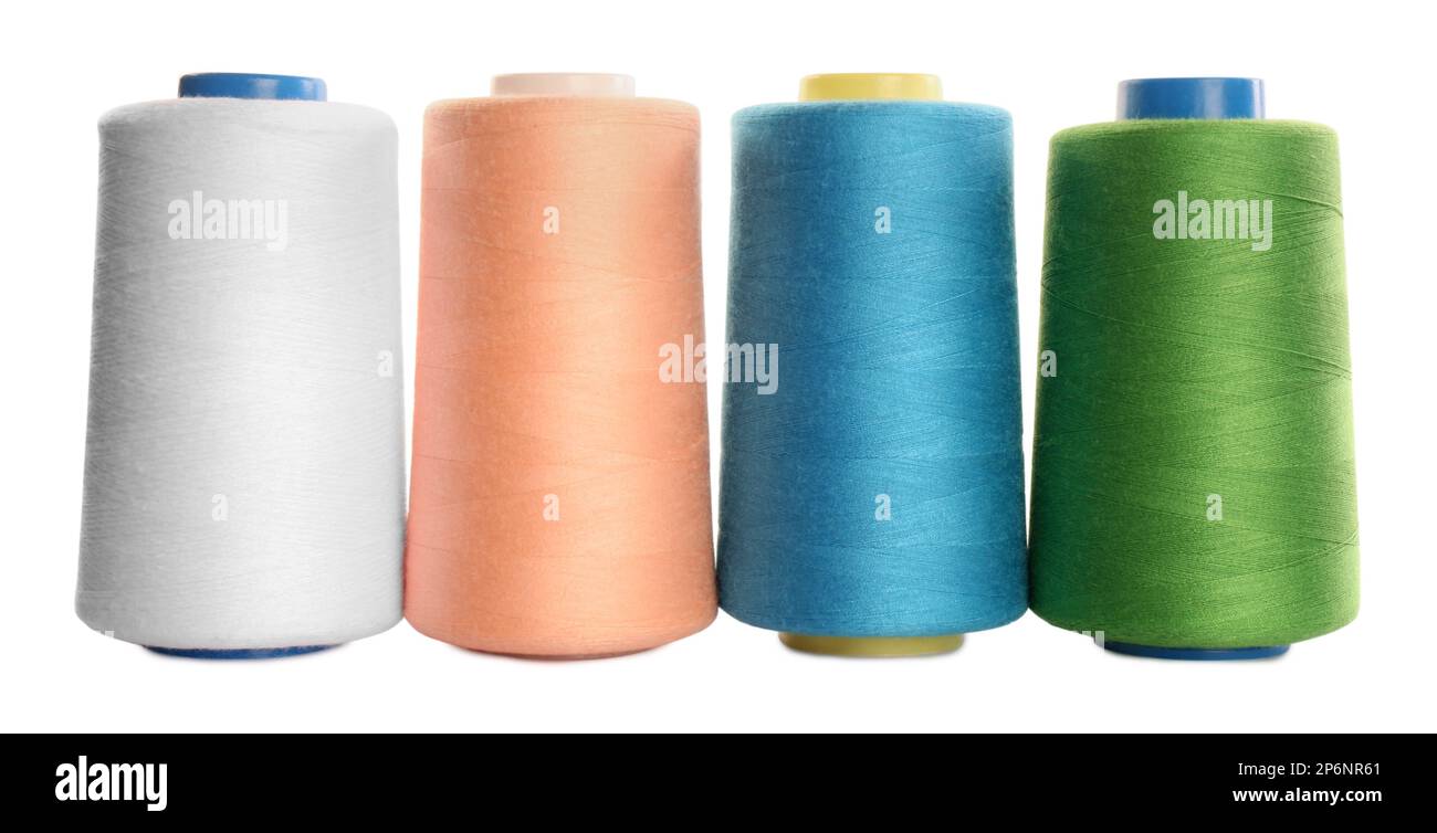 Set of colorful sewing threads on white background Stock Photo - Alamy