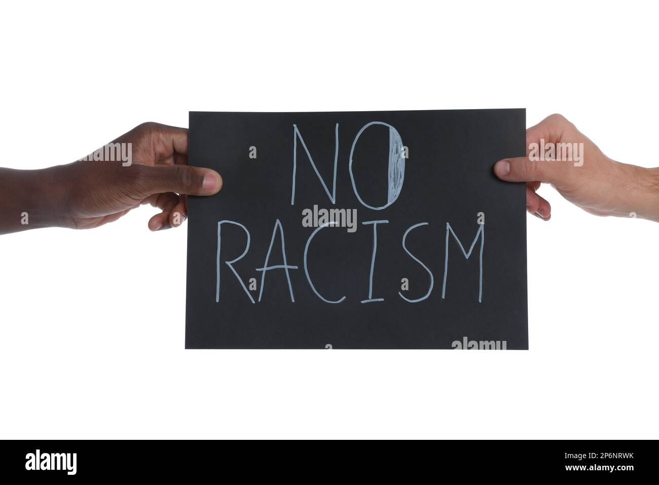 Men holding sign with phrase No Racism on white background, closeup ...
