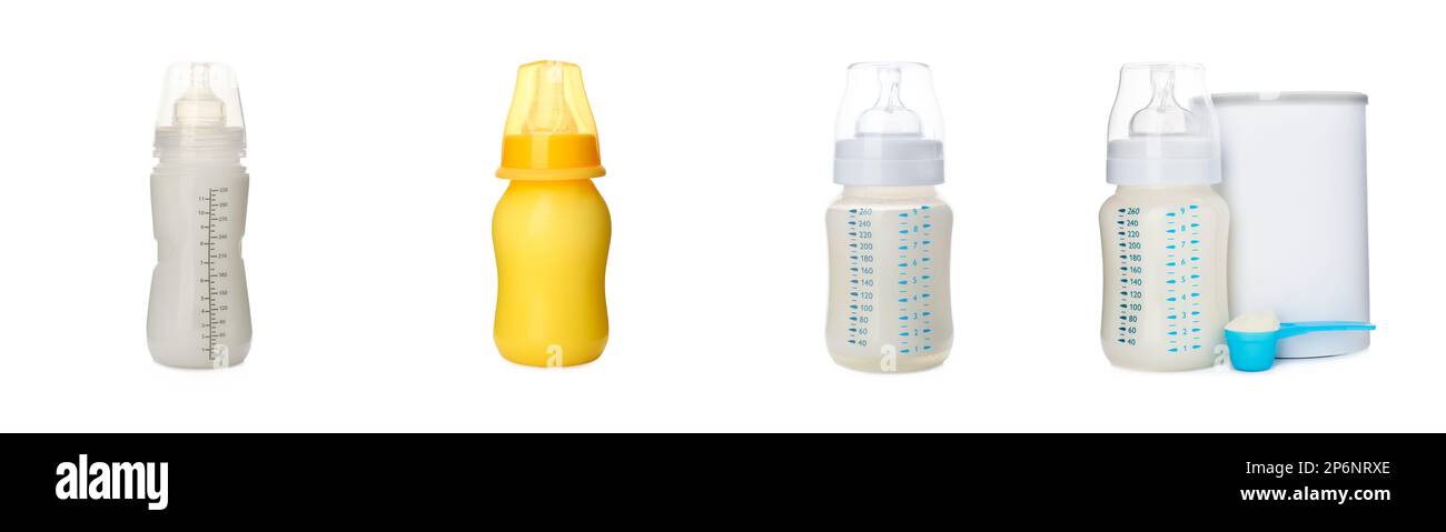 Feeding bottles with infant formula on white background, collage. Baby ...