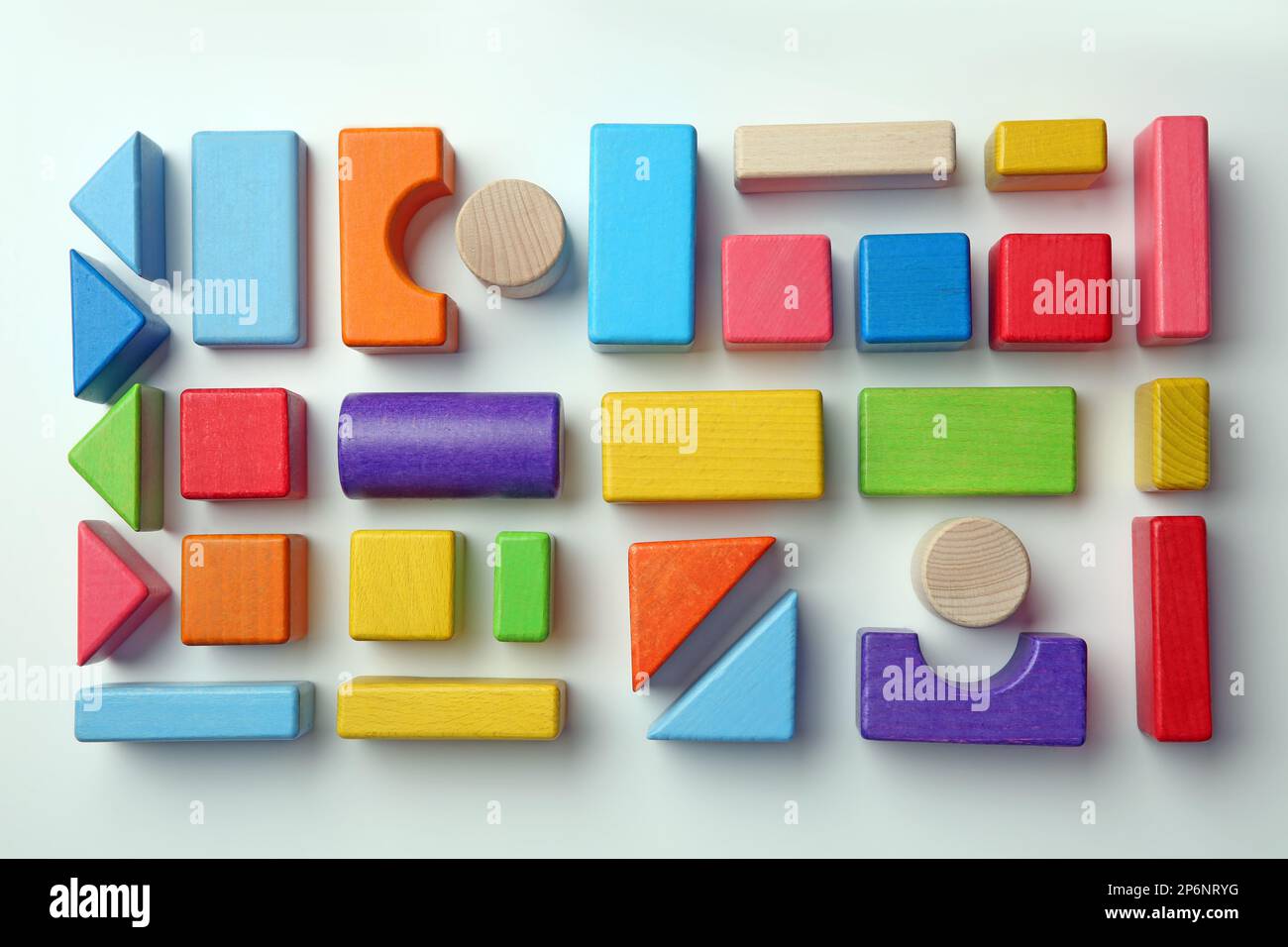 Colorful wooden construction set on white background top view Stock ...