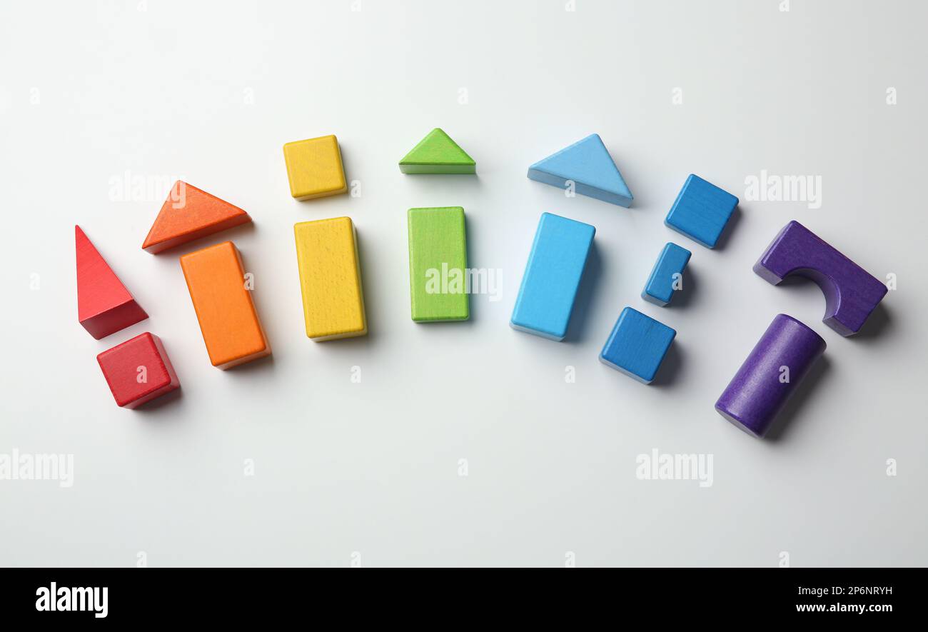 Colorful wooden construction set on white background top view Stock ...