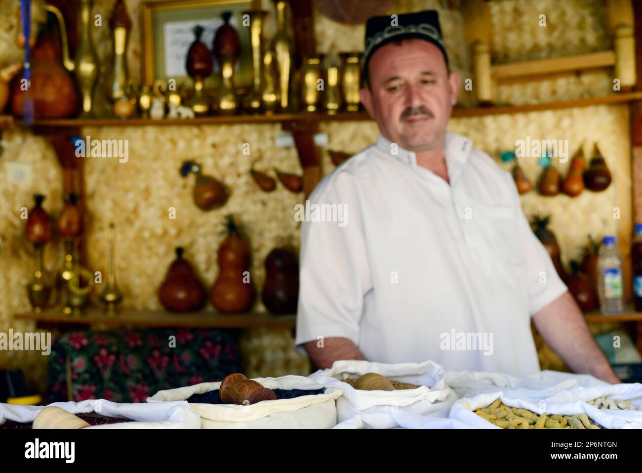 A colorful spice shop at the old bazaar in the old city Bukhara ...