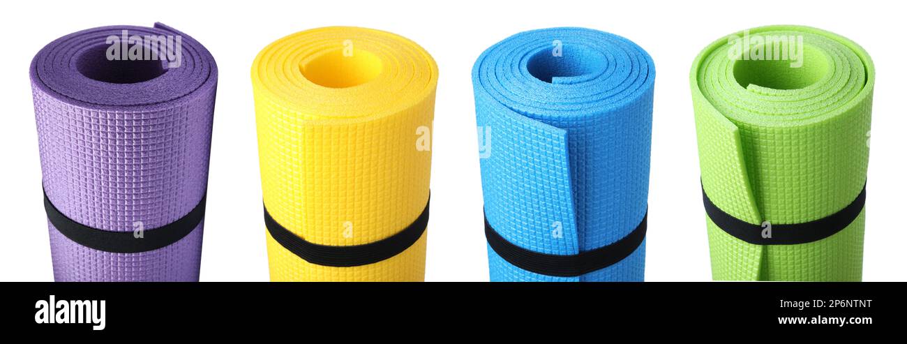 Set with colorful rolled camping mats on white background. Banner ...