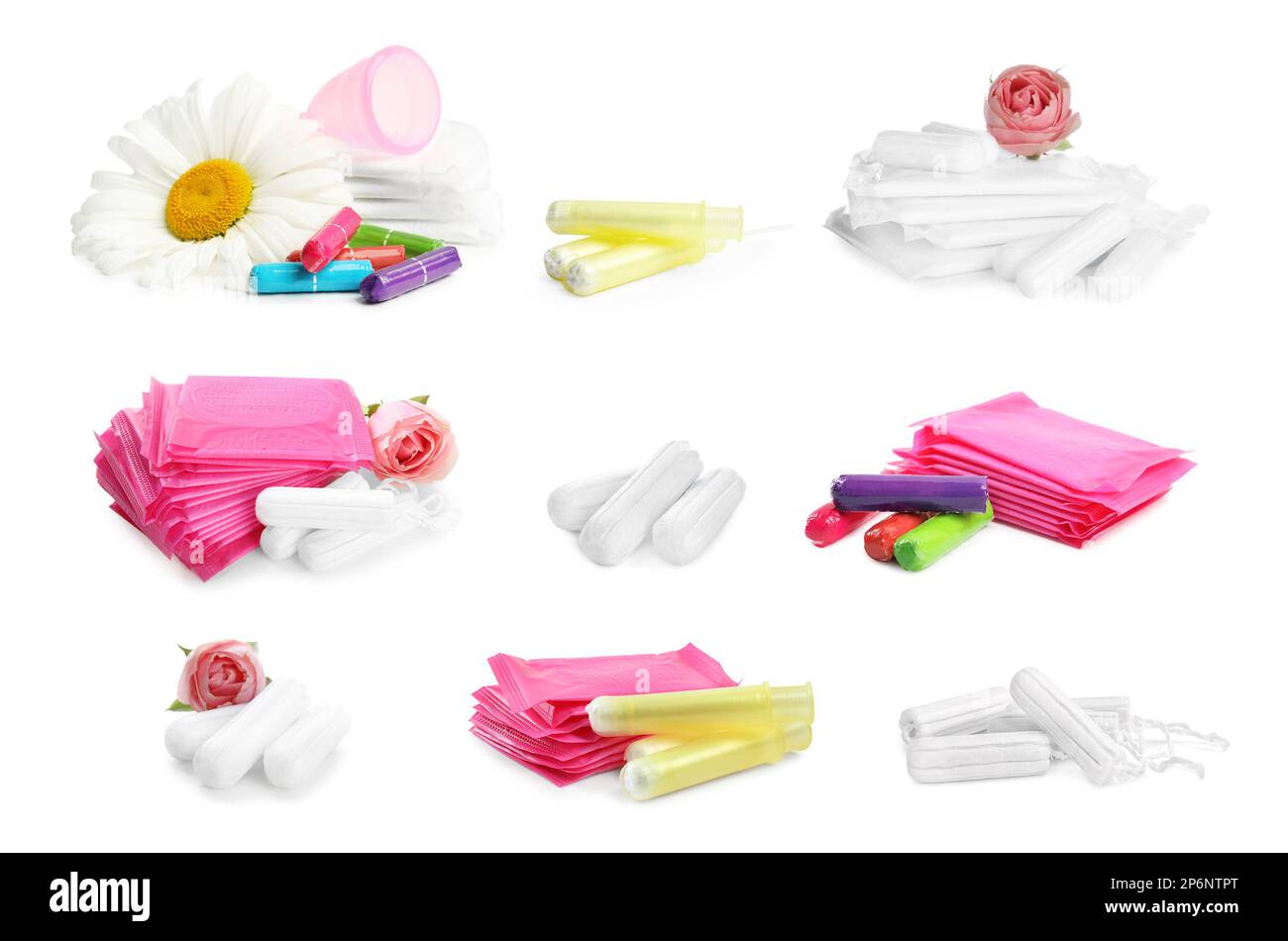 Pads and tampons on white background Stock Photo - Alamy