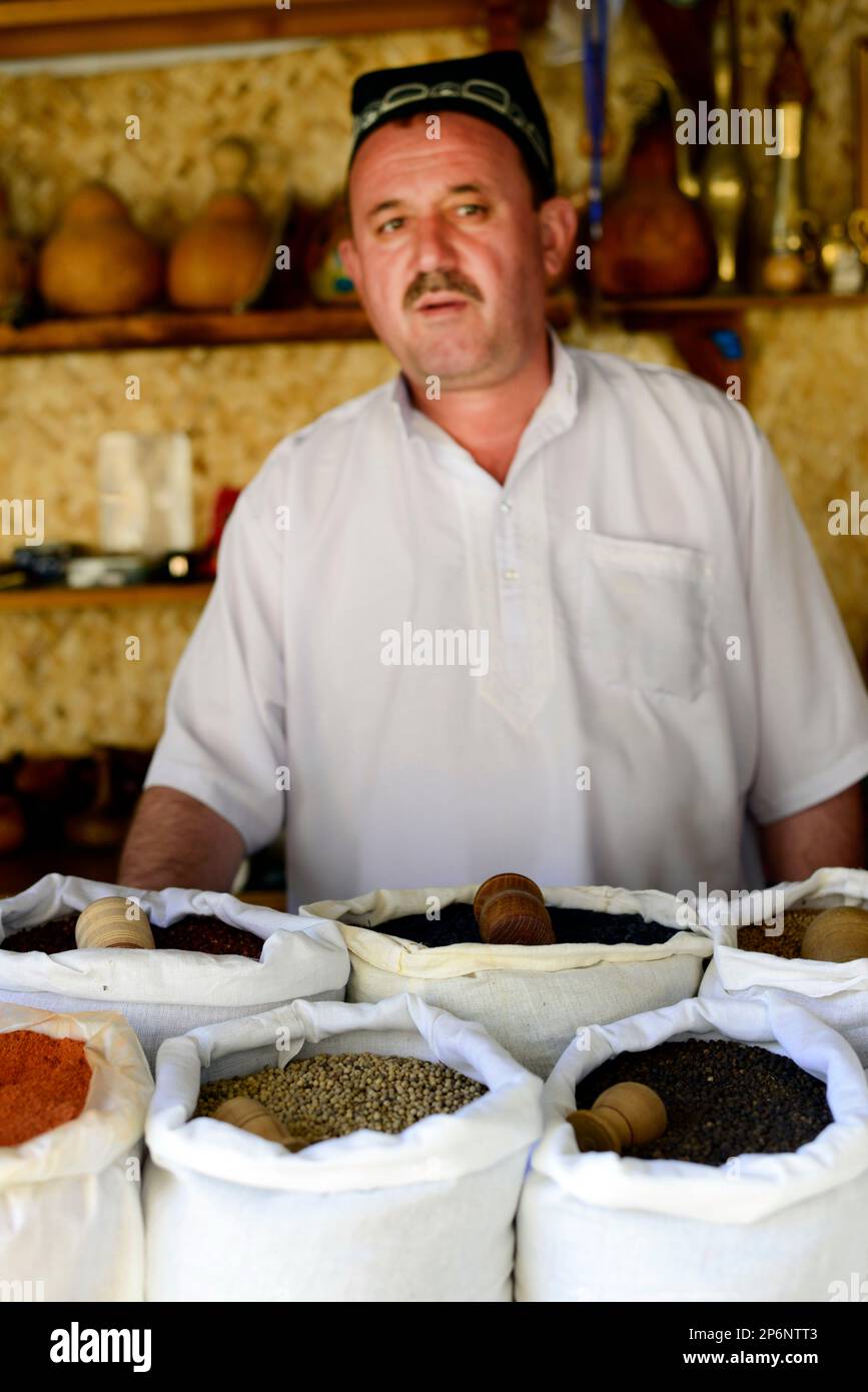 A colorful spice shop at the old bazaar in the old city Bukhara ...