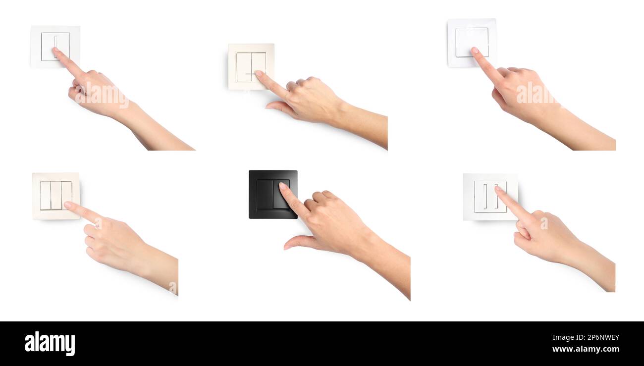Collage with photos of women pressing light switches on white ...