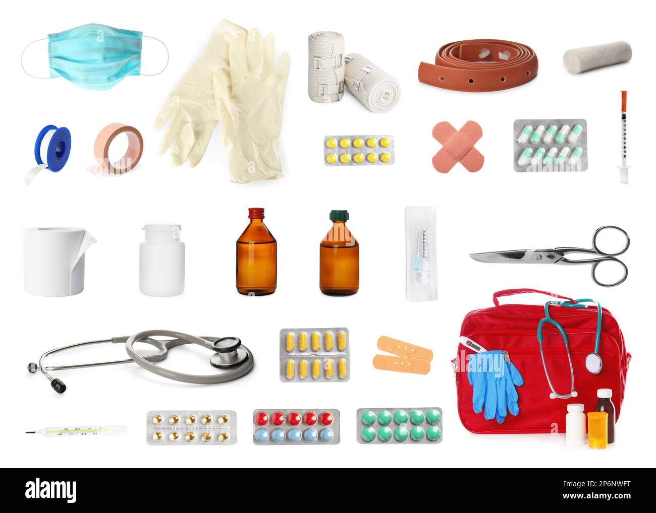 First aid kit. Set with different medical supplies on white background ...