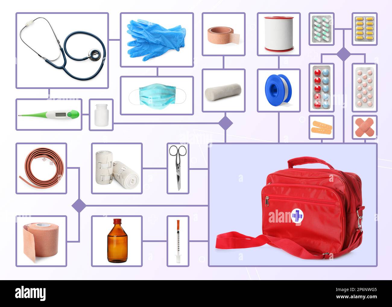 First aid kit. Different medical supplies on color background, collage ...