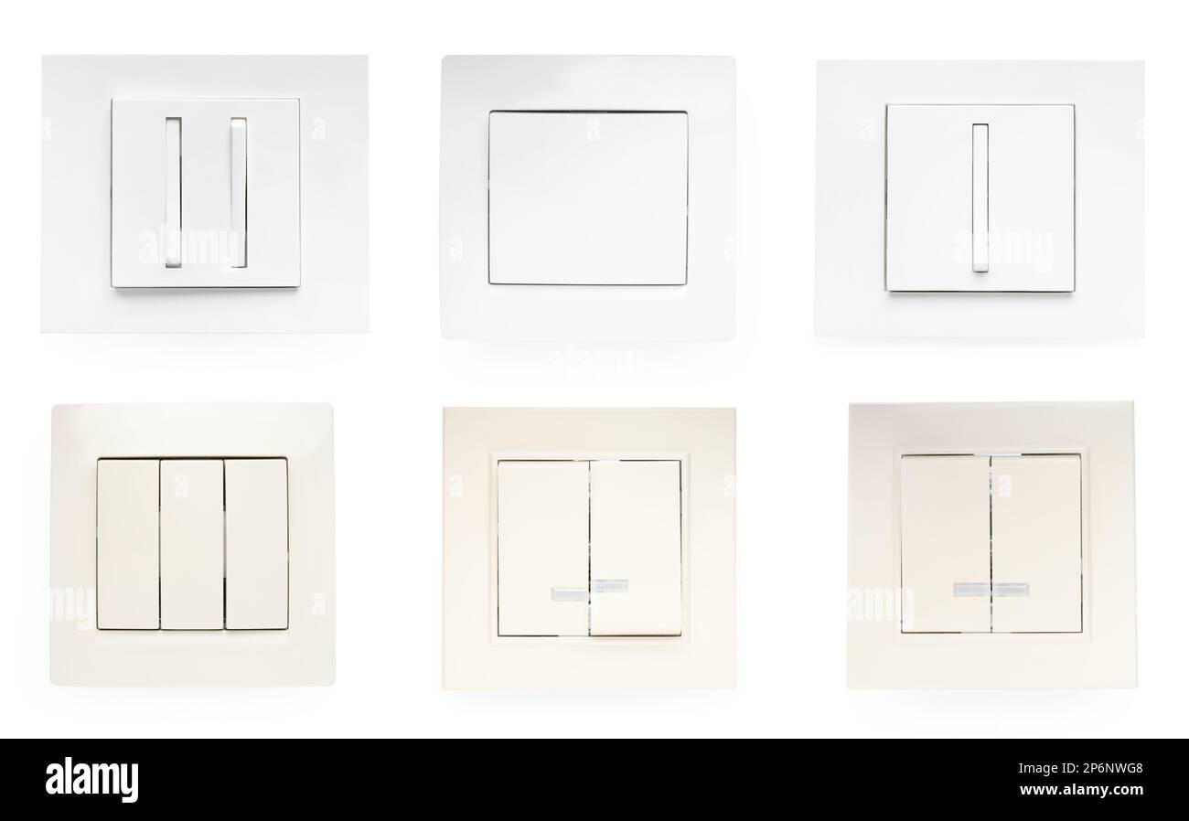 Set with different light switches on white background Stock Photo - Alamy