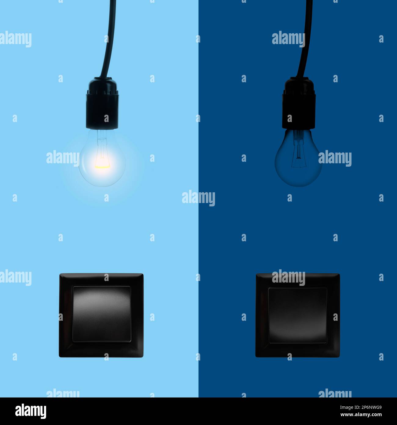 Turned ON and OFF light switches and bulbs, collage Stock Photo - Alamy