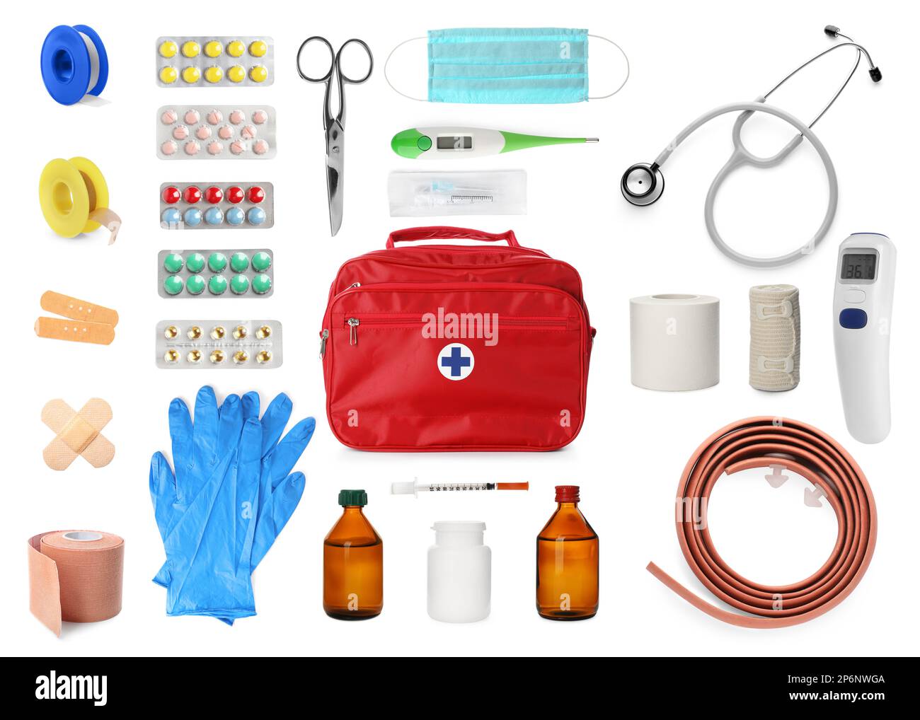 First aid kit. Set with different medical supplies on white background ...