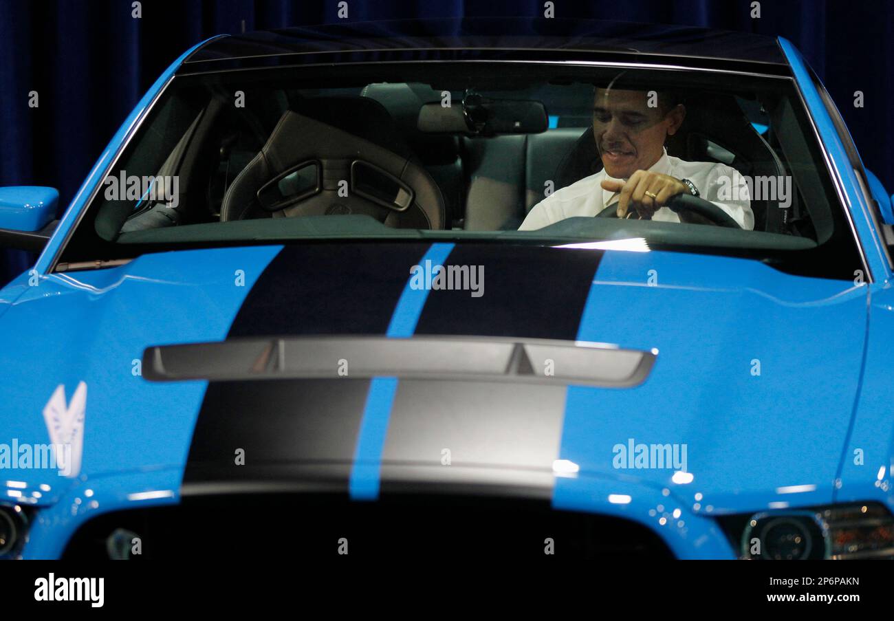 President Barack Obama sits inside a Ford Mustang Shelby GT500 during ...