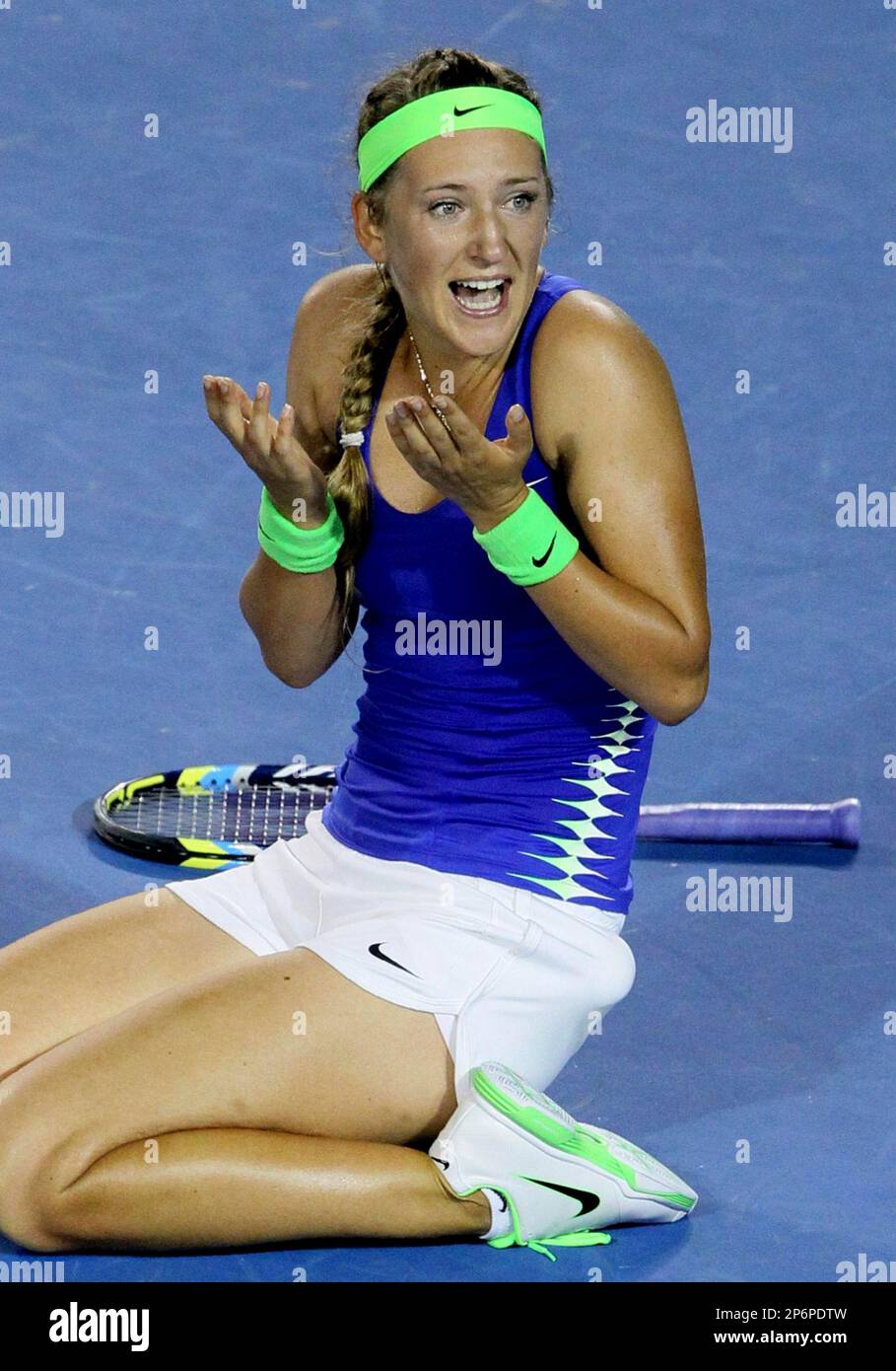 Victoria Azarenka of Belarus celebrates after routing Maria Sharapova ...
