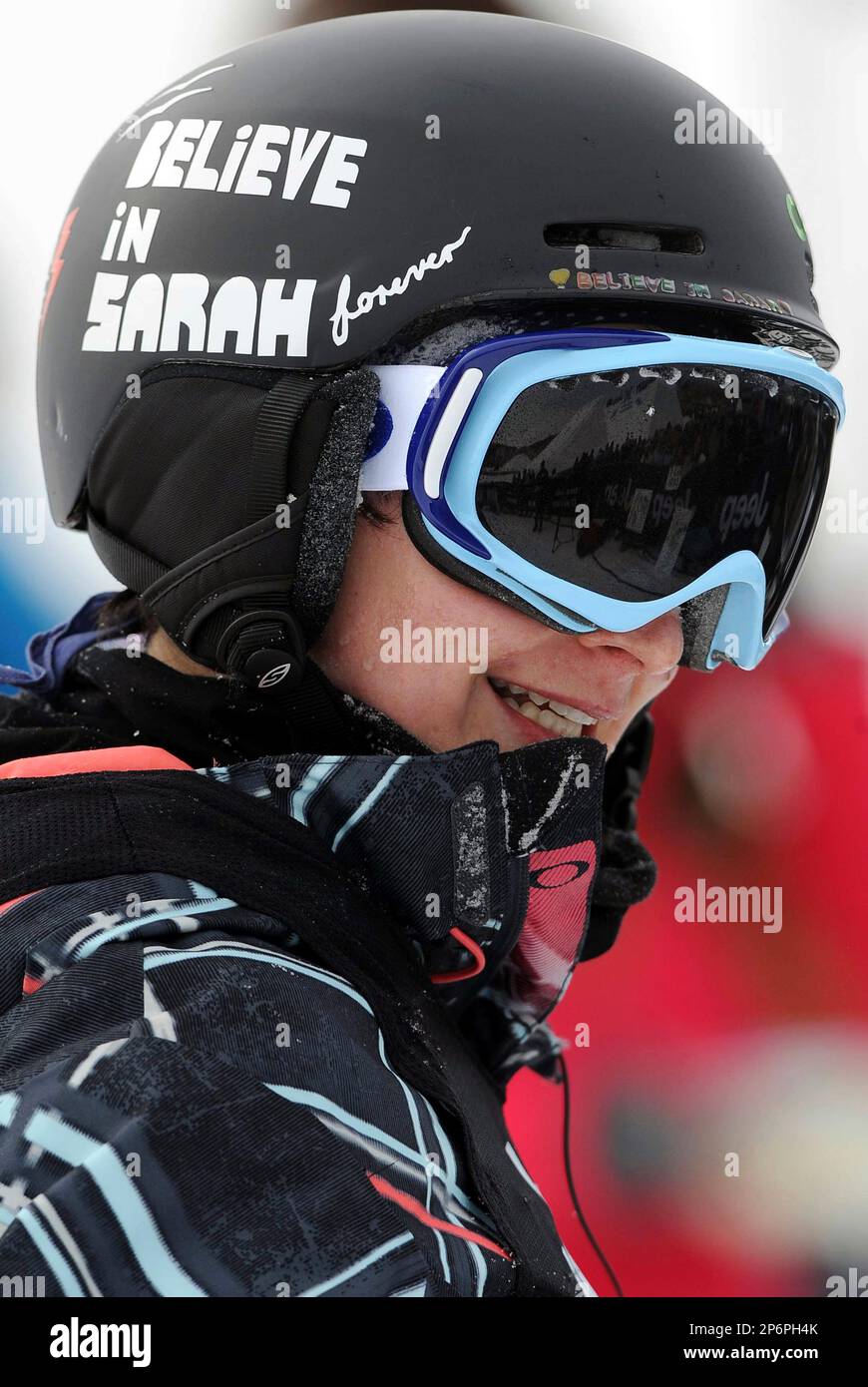 Kim Lamarre wears a tribute to skier Sarah Burke on her helmet at the ...