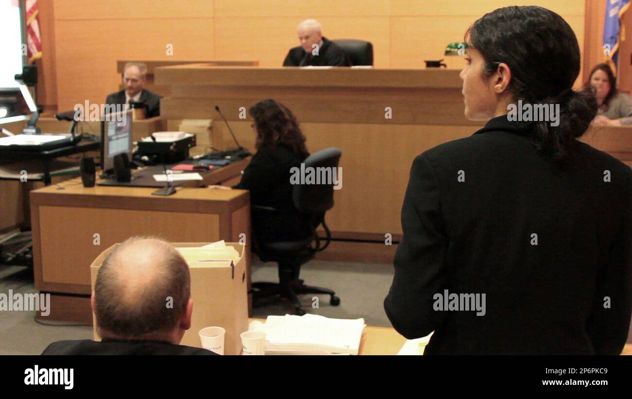 Defendant Sheila Davalloo, right, who is representing herself, raises ...